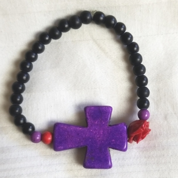 Jewelry | Purple Glass Cross Rose Bead Bracelet | Poshmark
